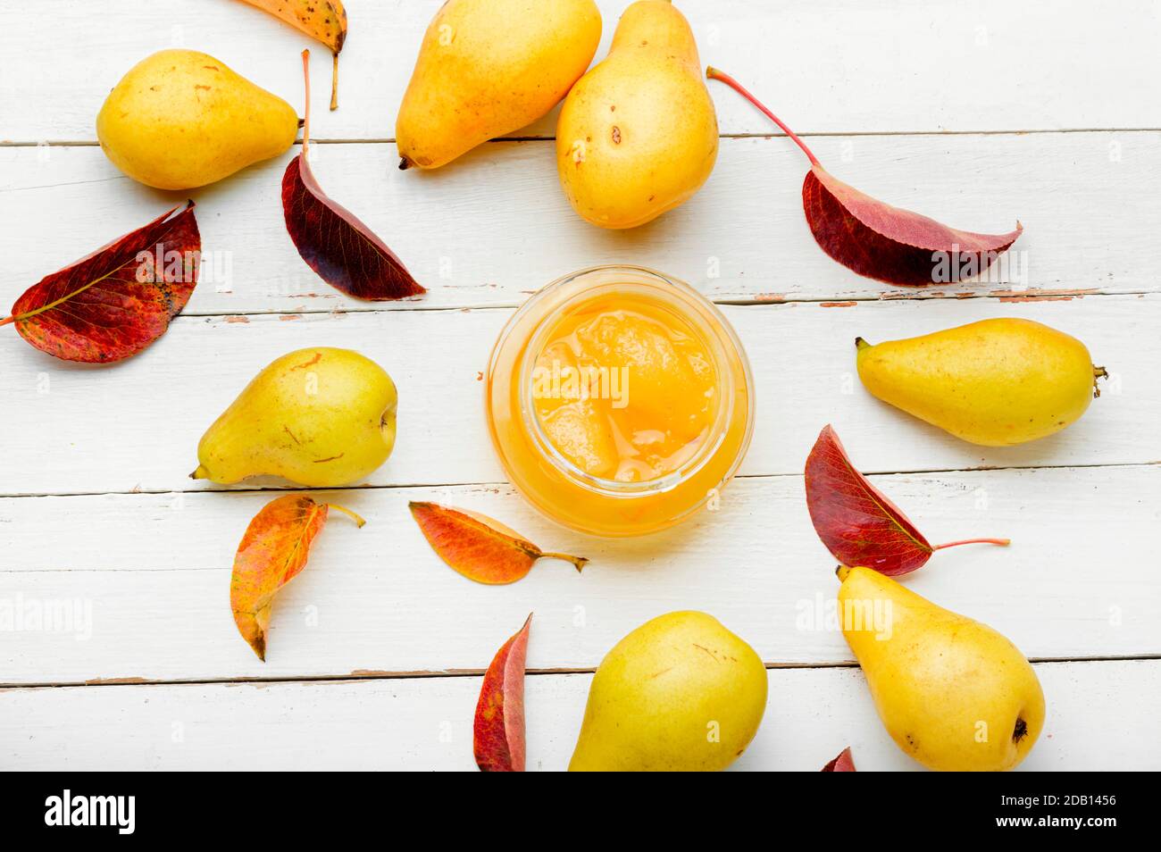 Glass jar with autumn homemade pear jam Stock Photo - Alamy