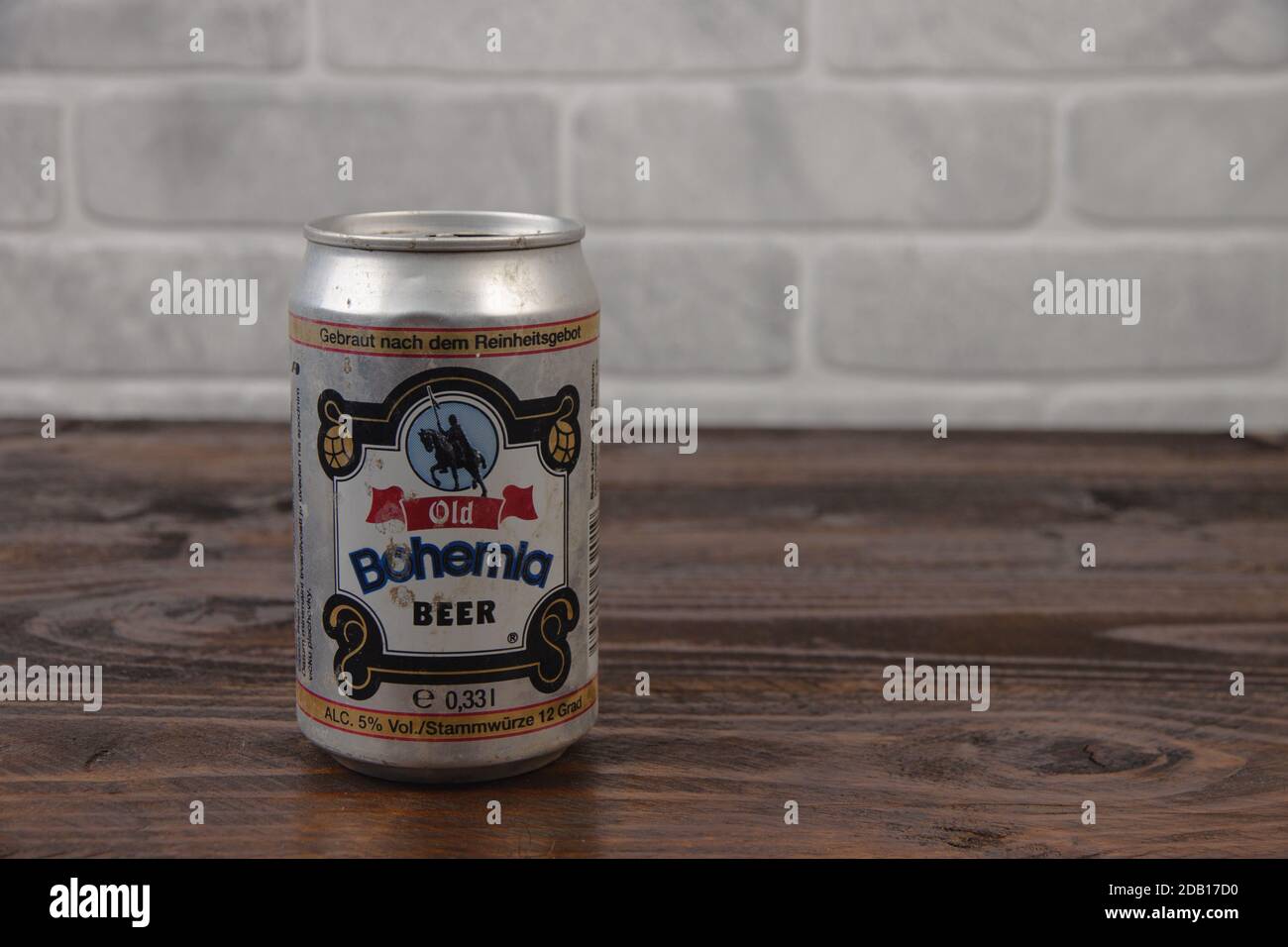 An old aluminium can of Old Bohemia beer against the brick wall Stock ...