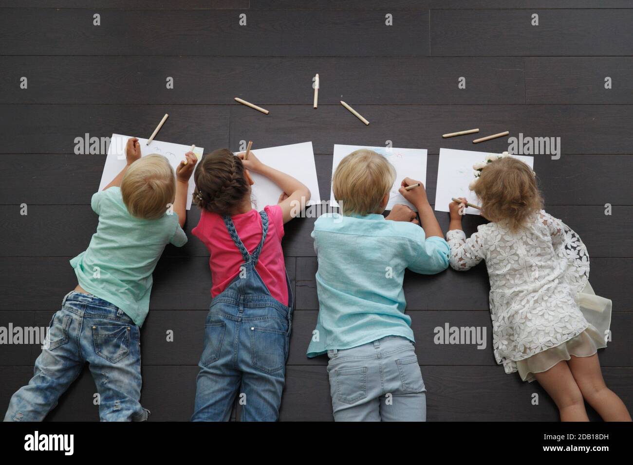 Happy children. Top view creative photo of little boys and girls on ...