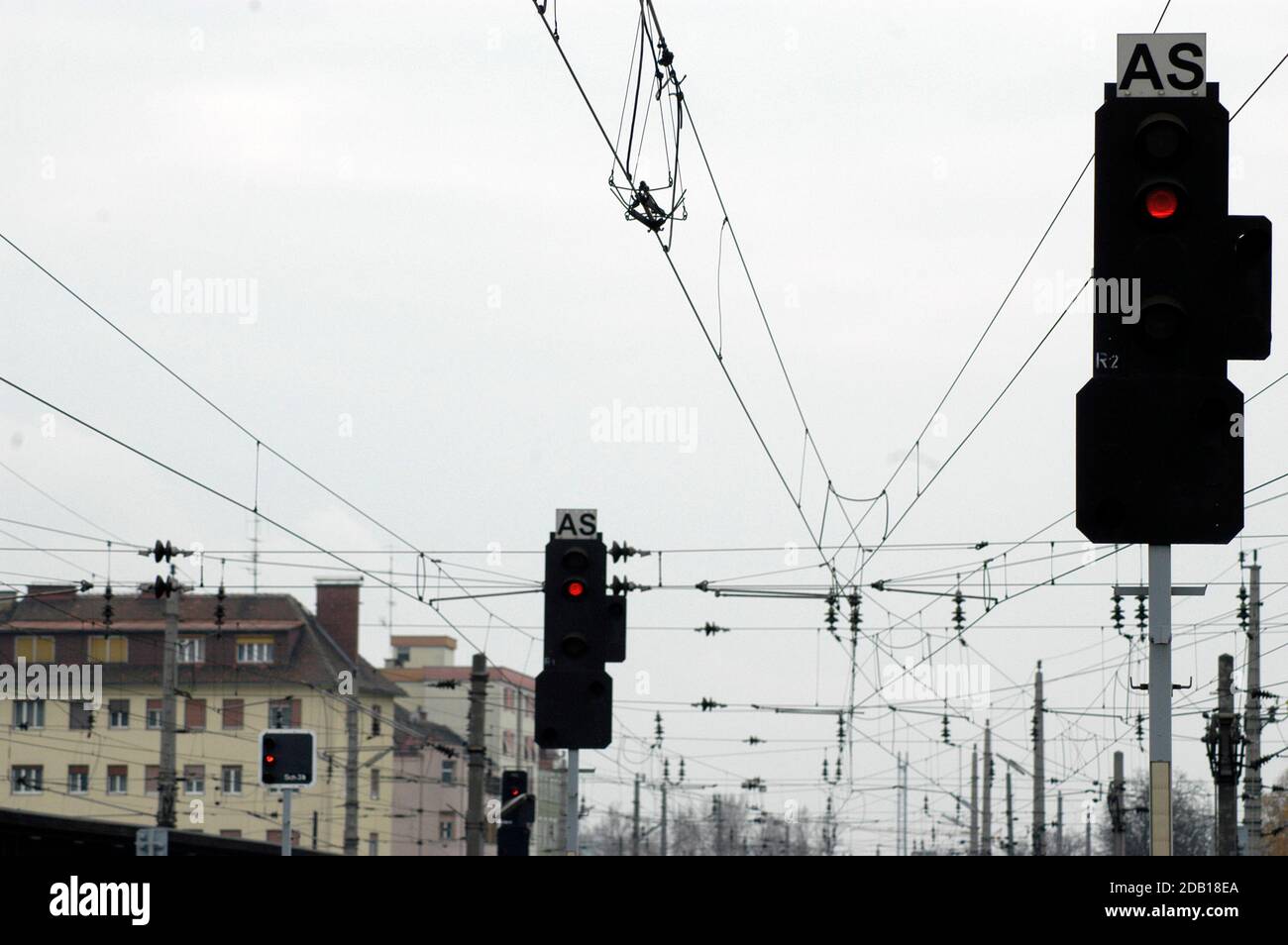 railway signaling in railway transport, showing a red traffic light ...
