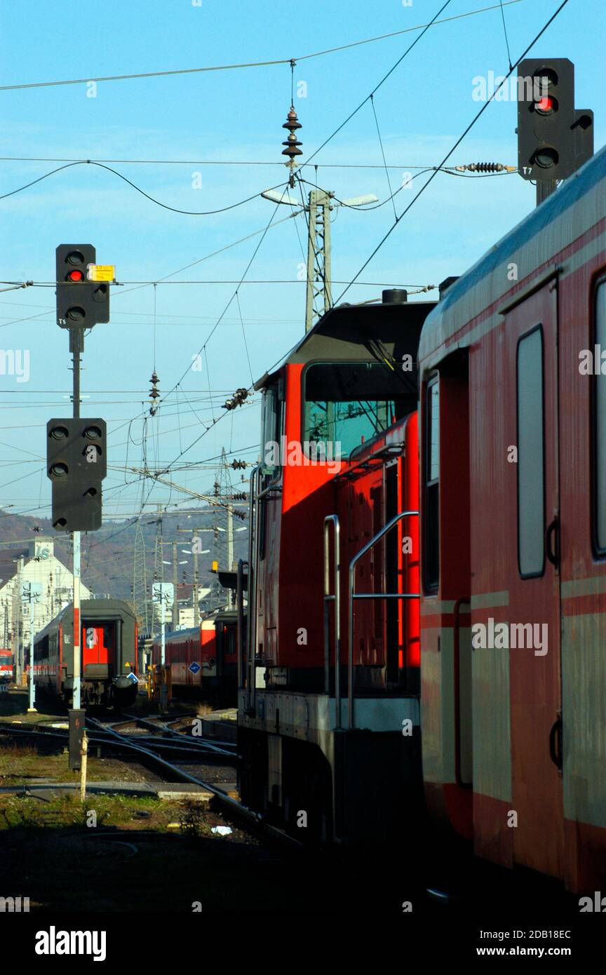 railway signaling in railway transport, showing a red traffic light ...