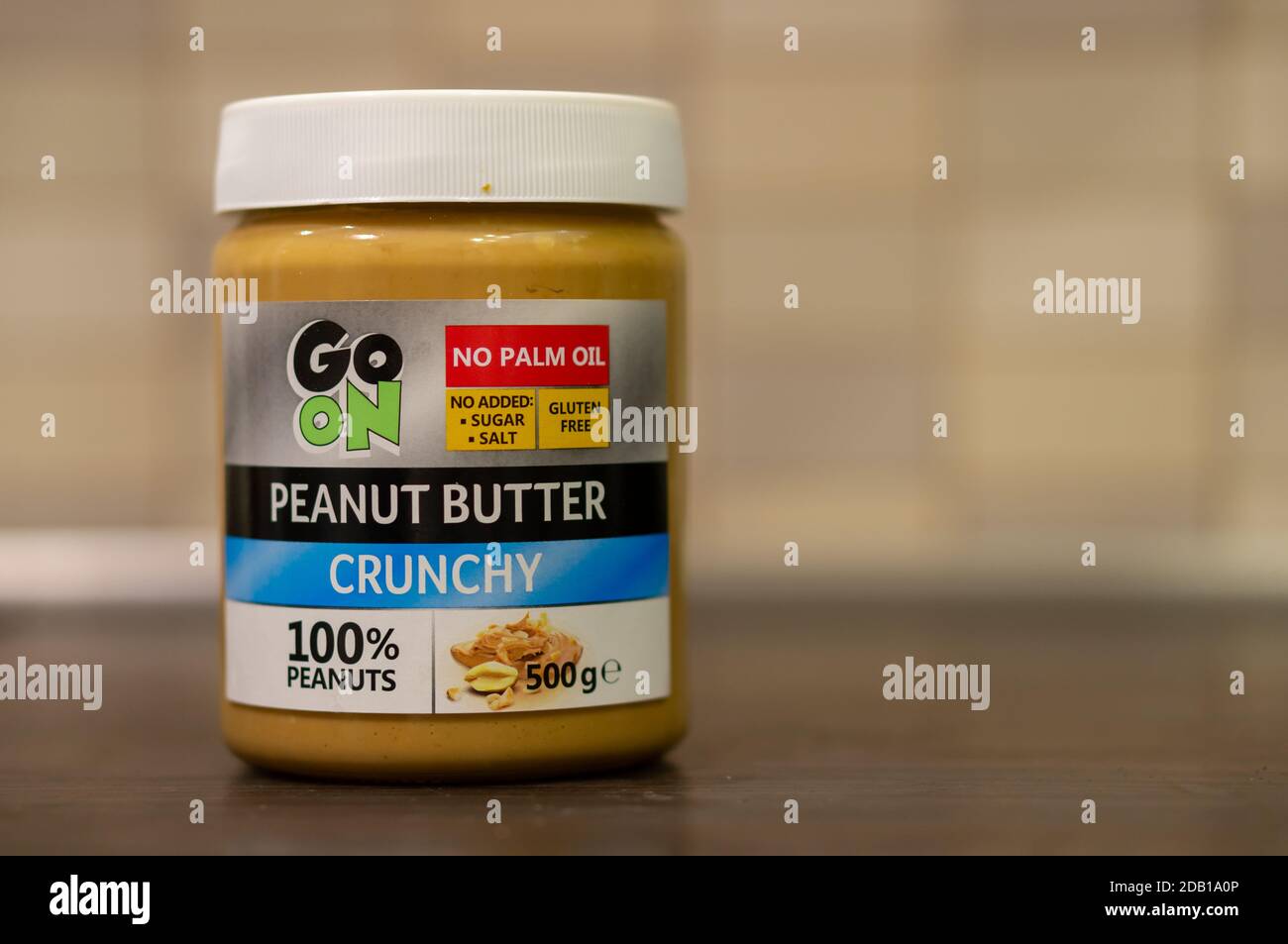 POZNAN, POLAND - Nov 14, 2020: GoOn crunchy 100 percent peanut butter ...