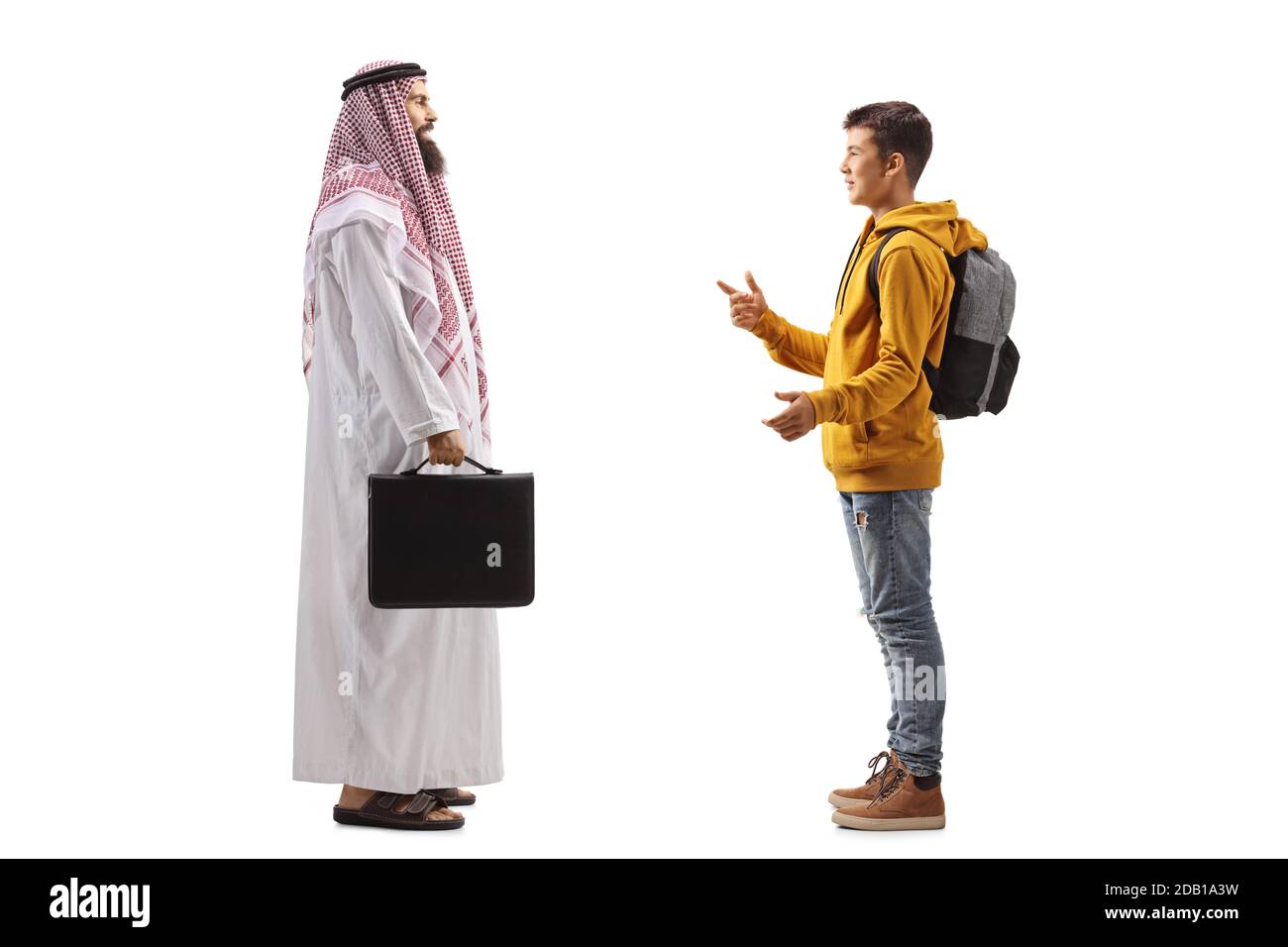 Full length profile shot of a saudi arab man in a thobe and a teenage ...