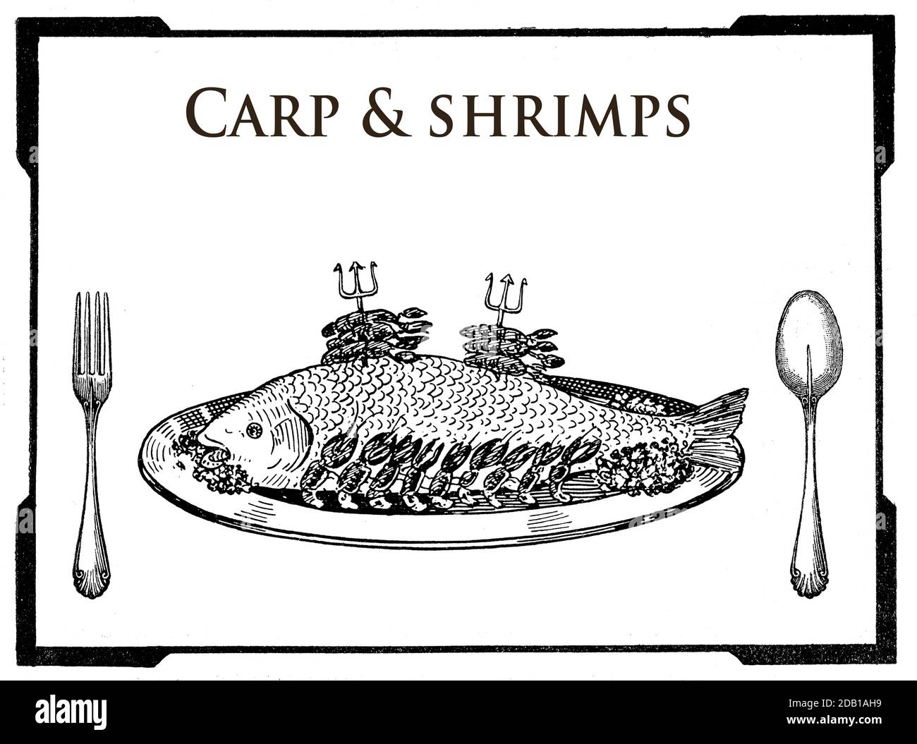 vintage food engravings collage, art deco table presentation of carp ...