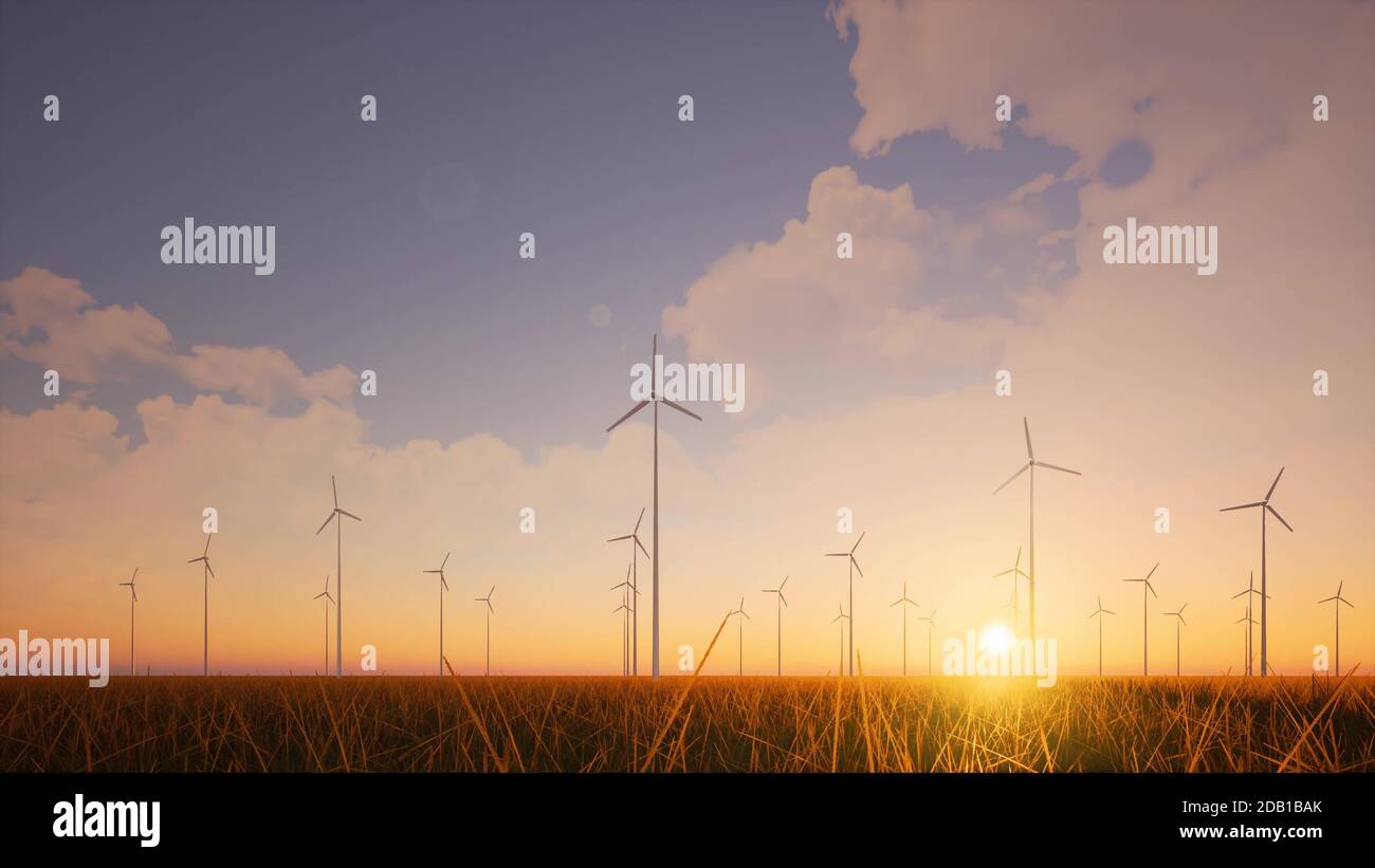 Wind farm sunset on grass 3d render Stock Photo - Alamy