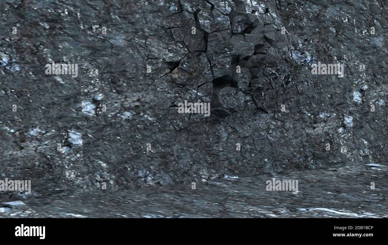 Coal wall destruction Dark Stone wall super slow motion 1000 fps 3d ...