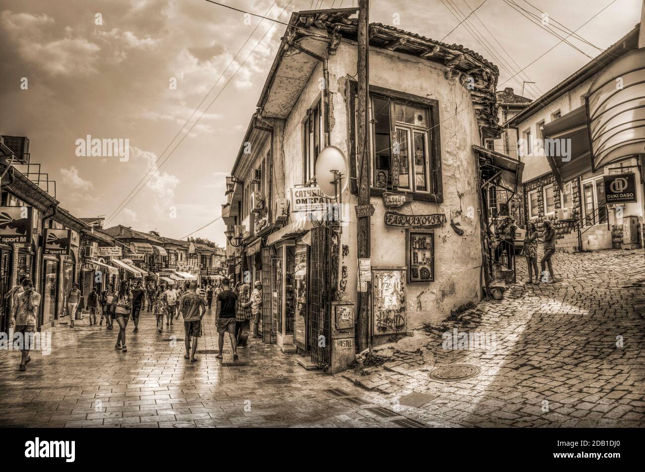 People are walking through the old bazaar in Ohrid Stock Photo - Alamy