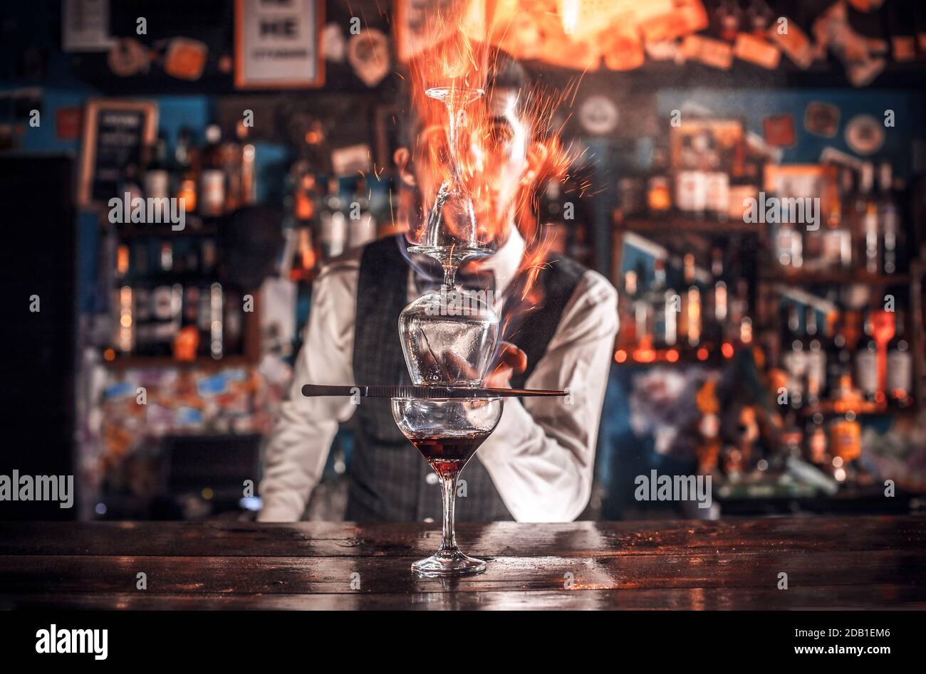 Confident barman surprises with its skill bar visitors in the pub Stock ...