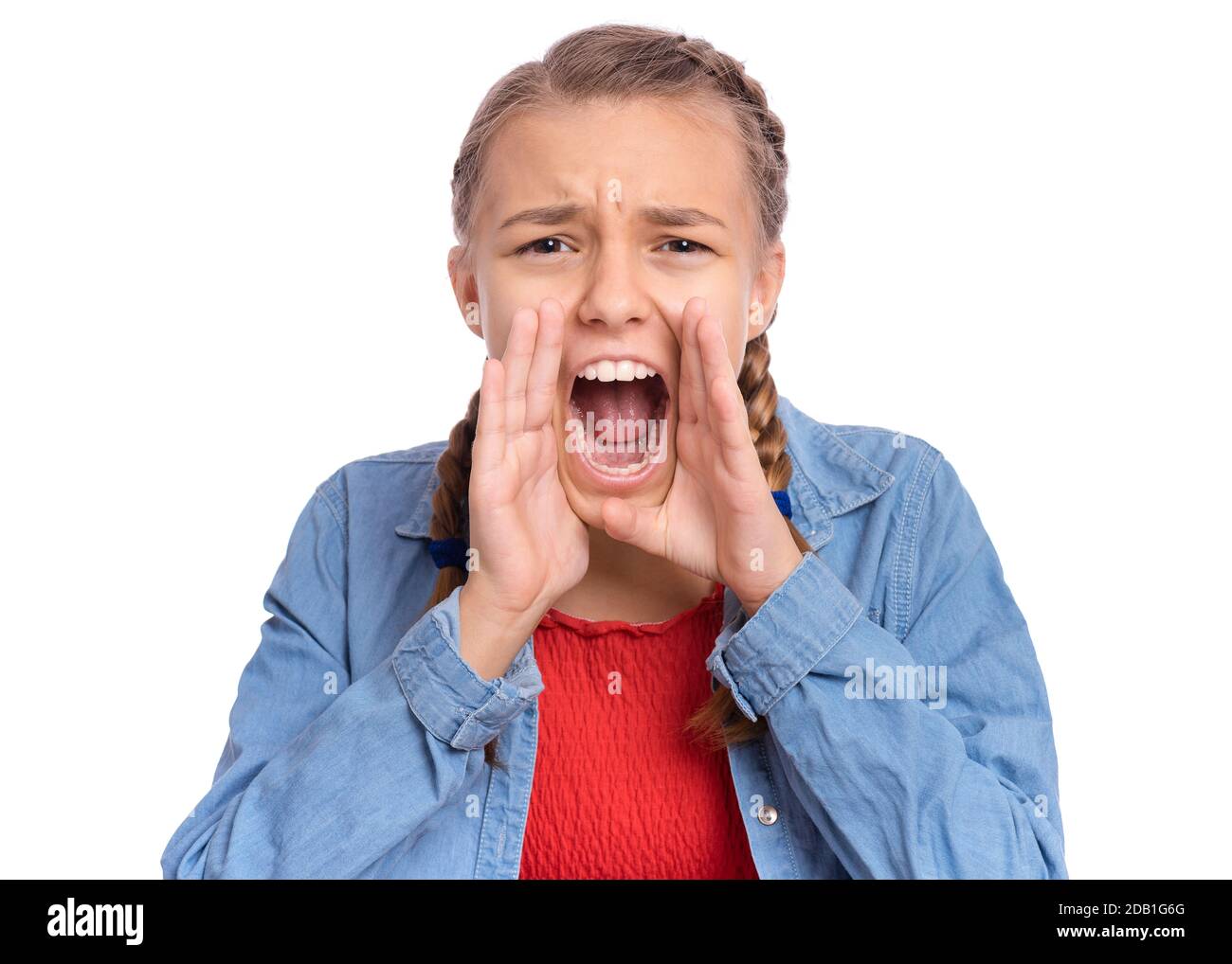 Emotional portrait of scared girl teenager, isolated on white ...