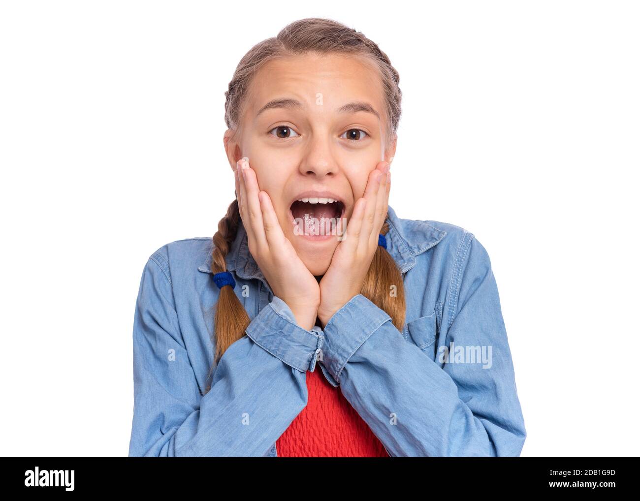 Emotional portrait of scared girl teenager, isolated on white ...