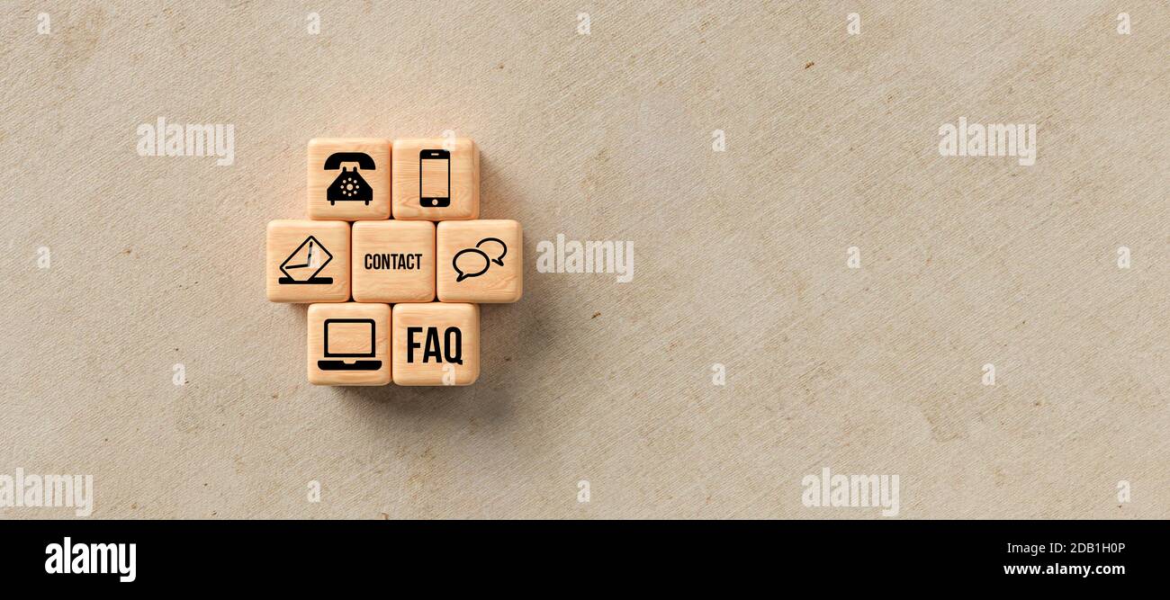 cubes with contact options on paper background - 3d illustration Stock ...