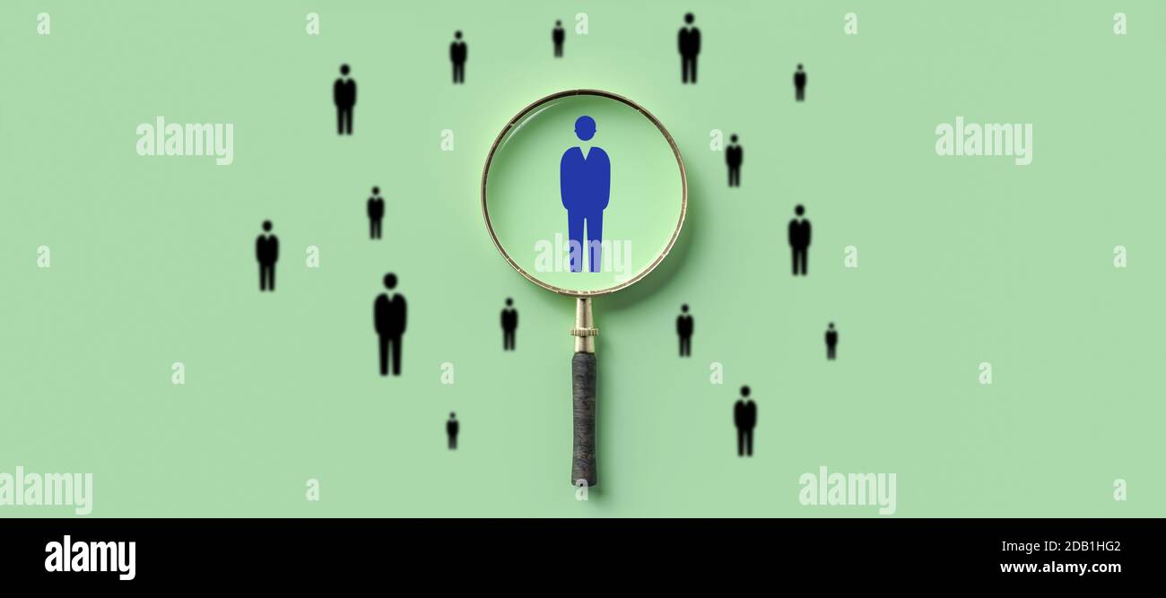 magnifying glass highlighting a person icon in a group of peoples on ...