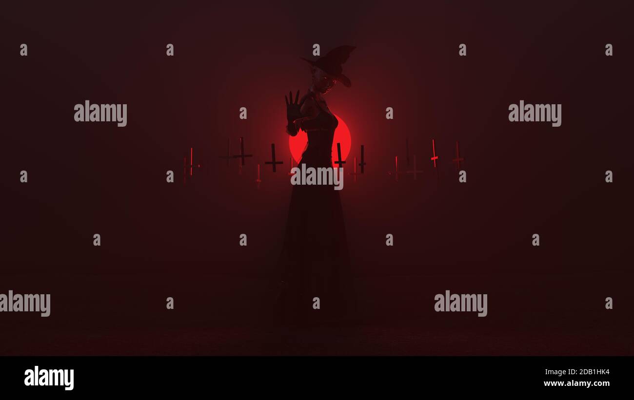 Witch with Upside Down Floating Crosses in a Foggy Void 3d illustration ...