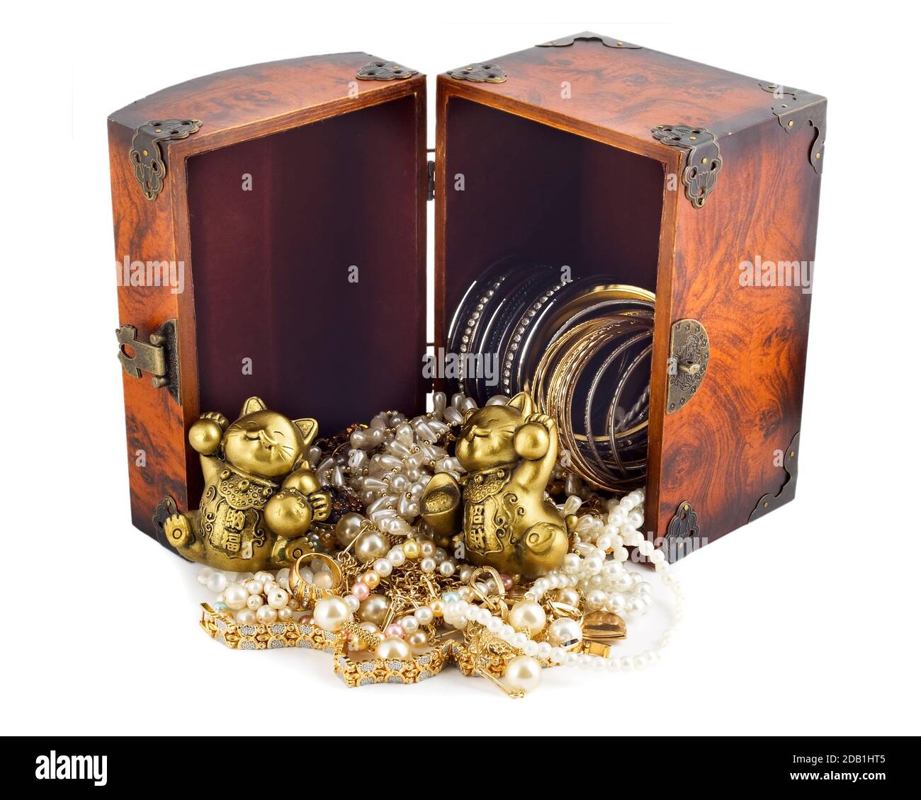 Treasure chest with golden lucky cat isolated on white background Stock ...
