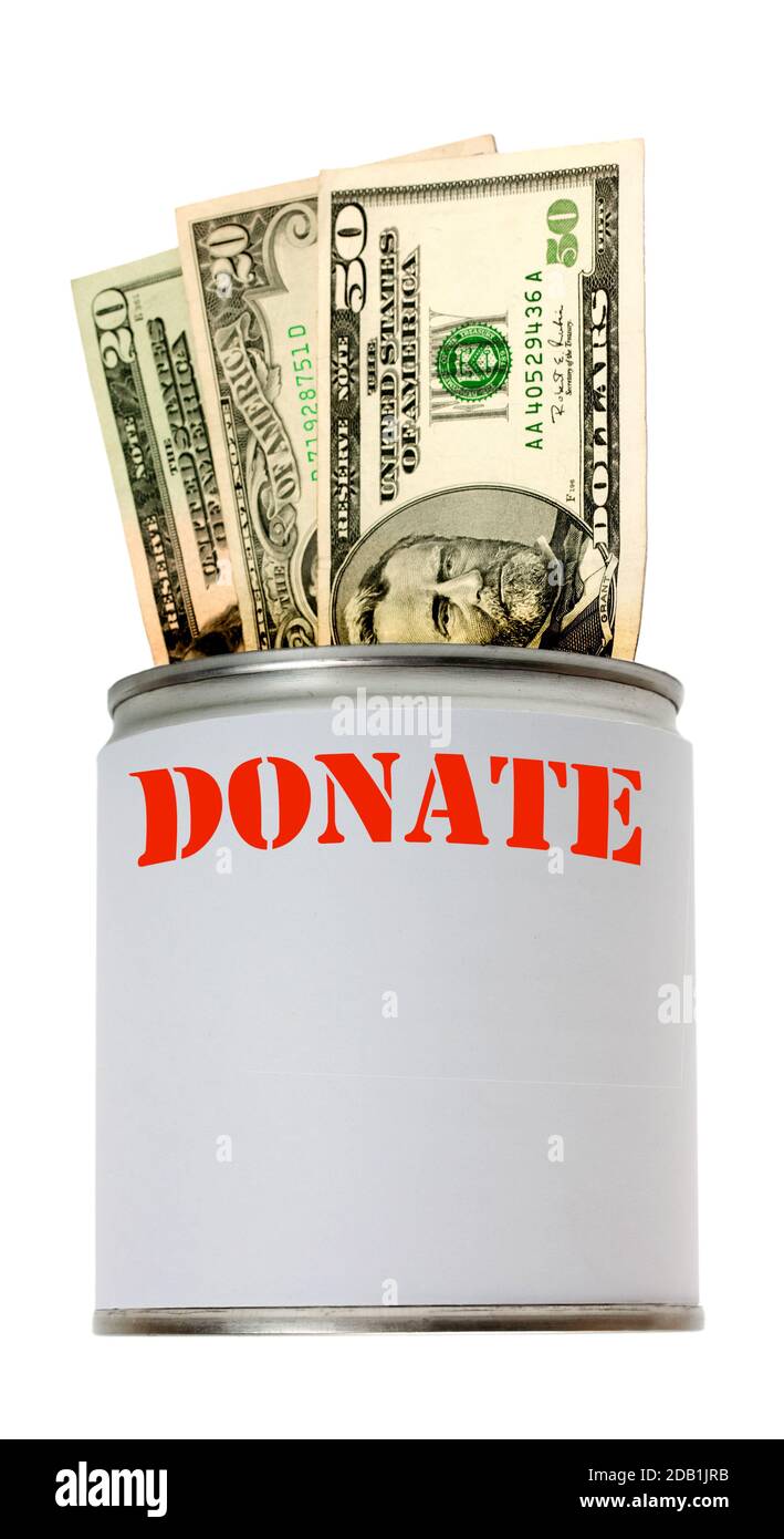 Donate can dollars isolated on white background Stock Photo - Alamy