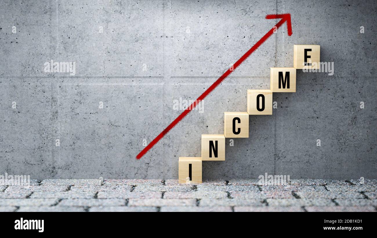wooden blocks as a stair with the word INCOME on concrete background ...