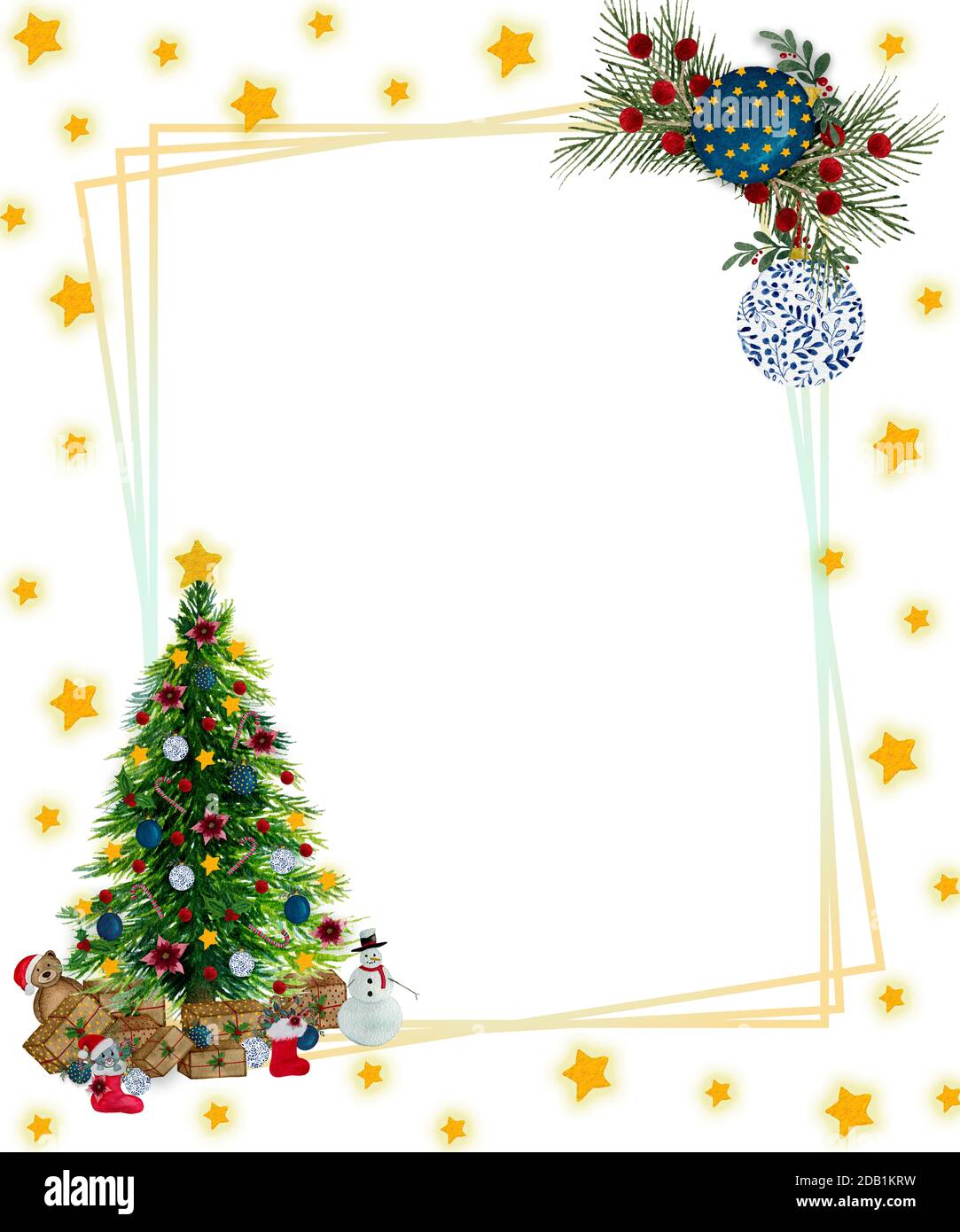 Christmas frame with Christmas tree, decorations and golden stars ...