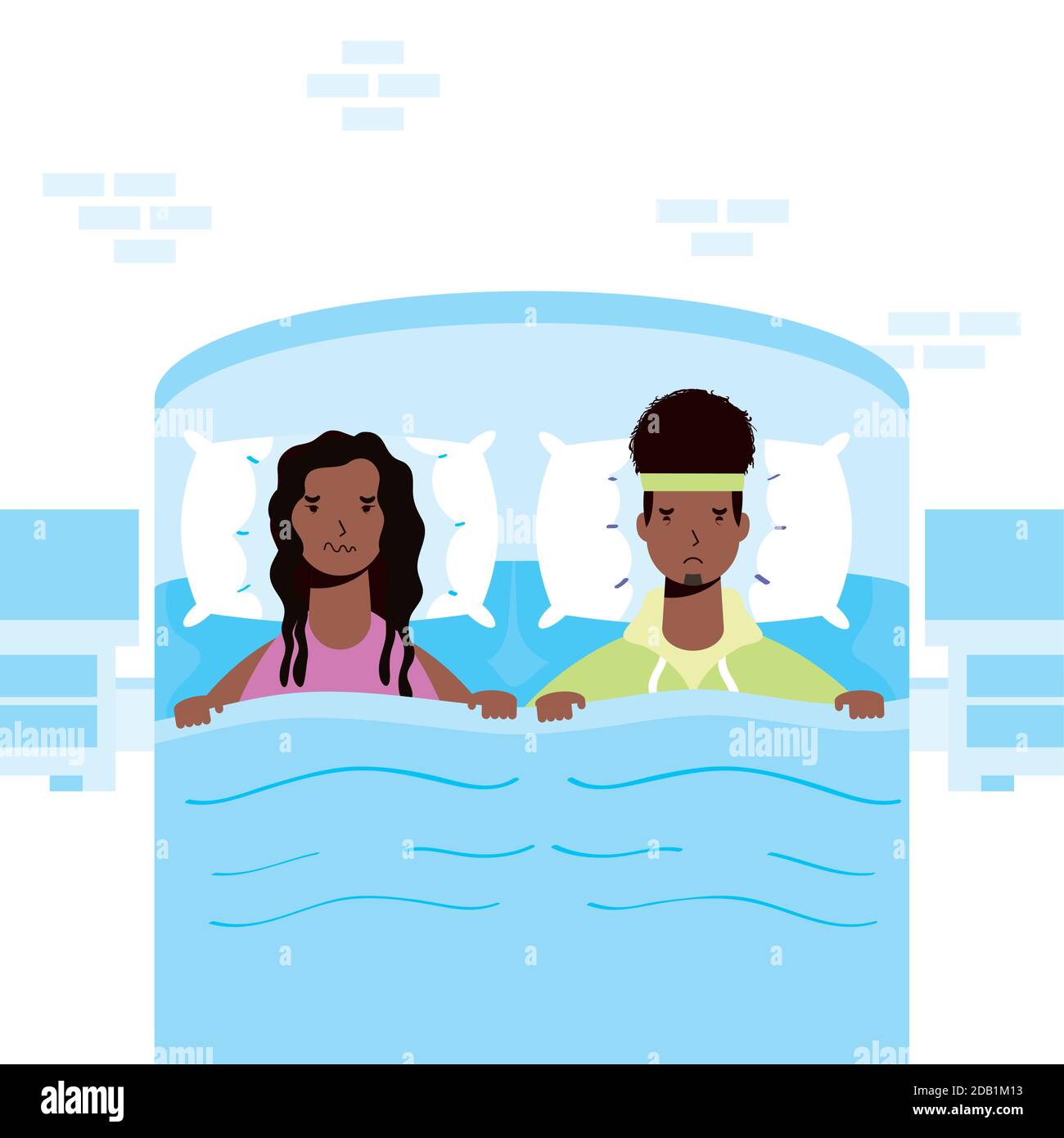 afro couple suffering from insomnia characters vector illustration ...