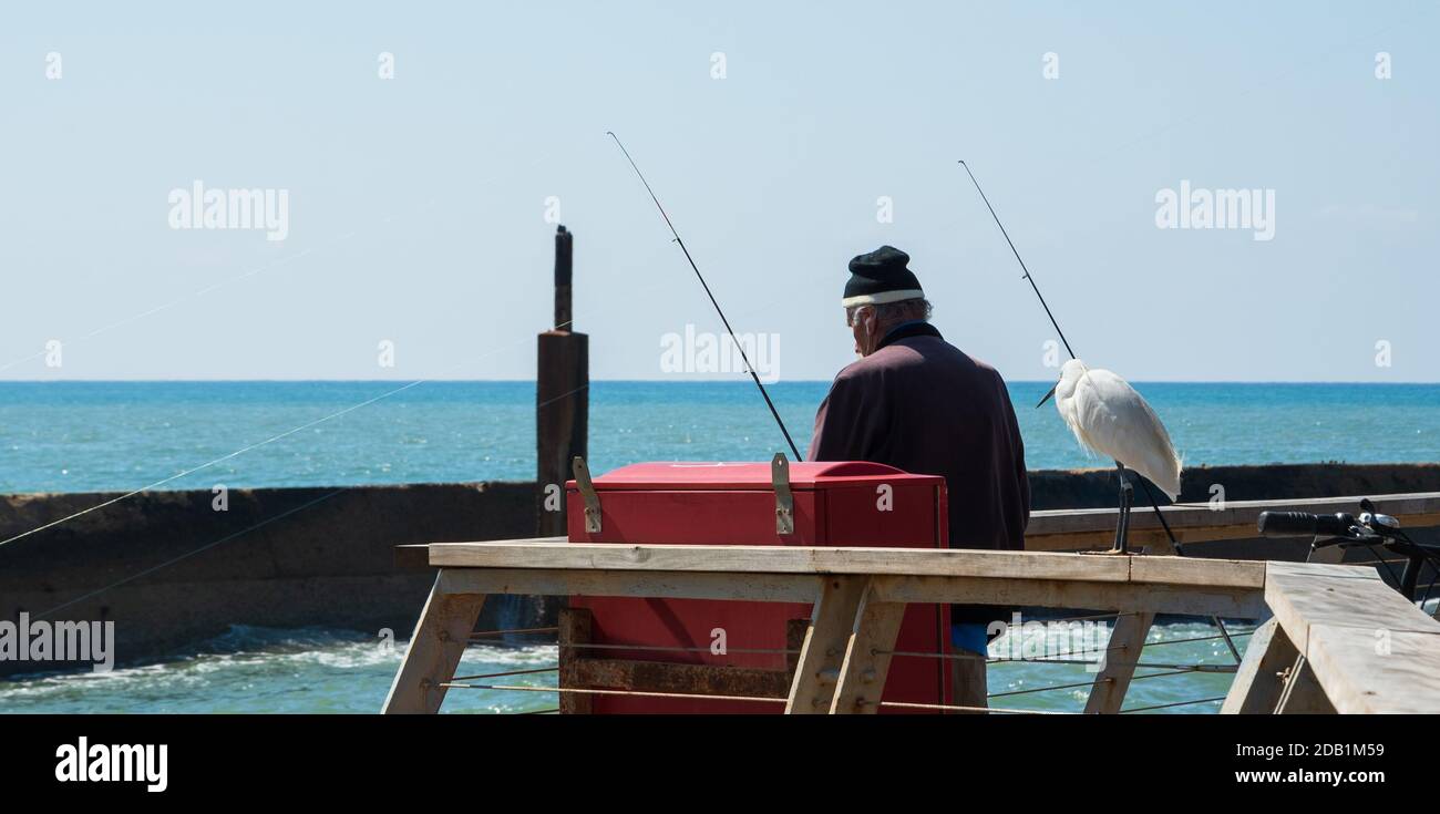 Old man (back view; unrecognizable) fishing at harbor (Tel-Aviv, Israel ...