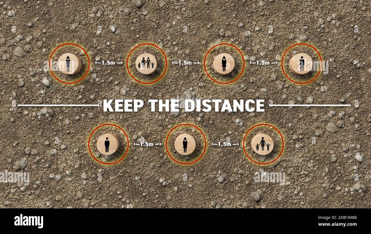 wooden cylinders with person icons and the message KEEP THE DISTANCE on ...