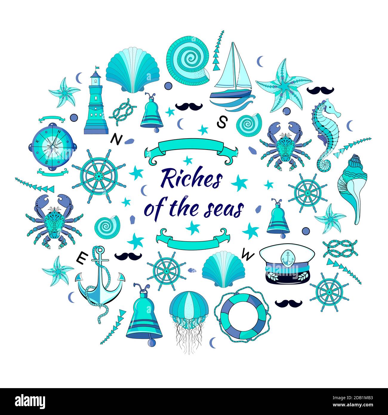 Marine set. Seashells, sailboat, compass and crab. A mustache and a ...