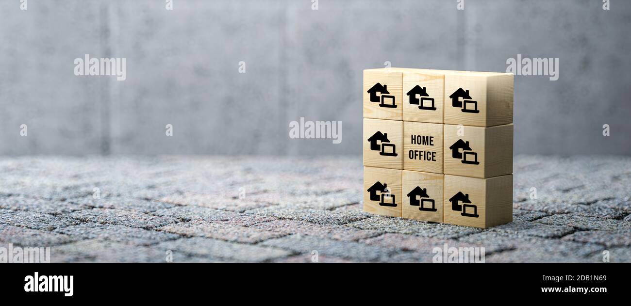cubes with house icons and message HOME OFFICE on stone pavement - 3d ...
