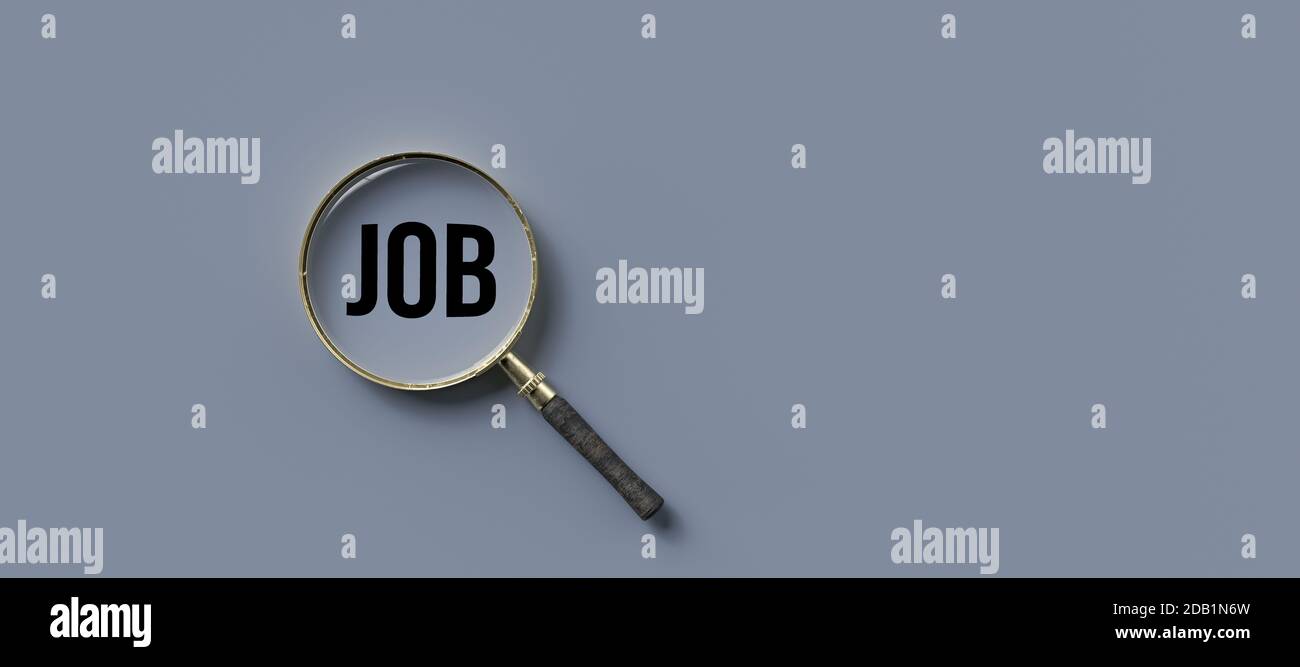magnifying glass with the word JOB on blue grey background - 3d ...