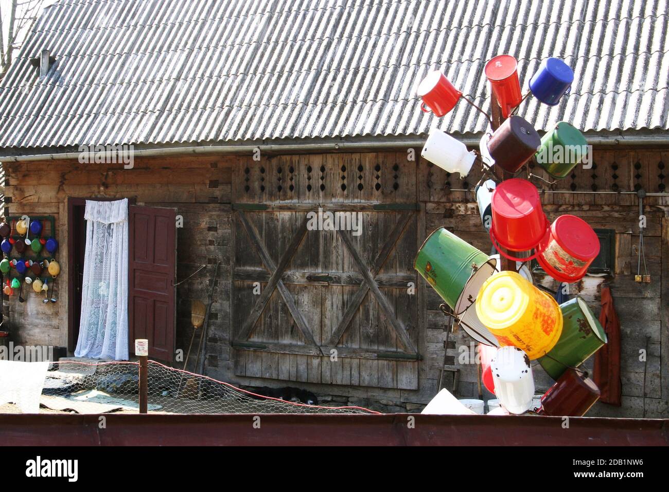Peculiar tradition in Maramures, Romania: various pots displayed in the ...