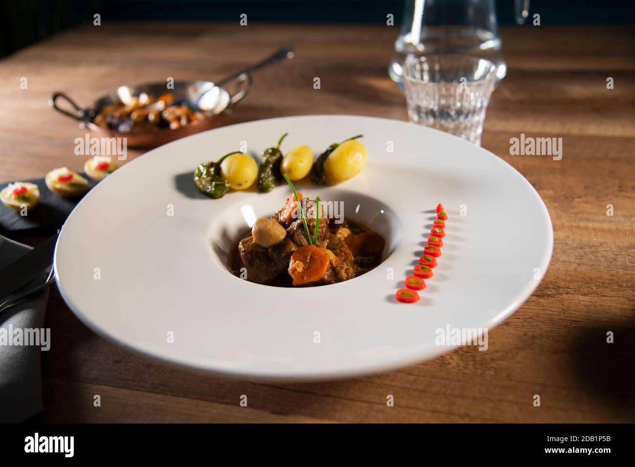 Selective focus of a beautifully decorated plate of beef stew with out ...