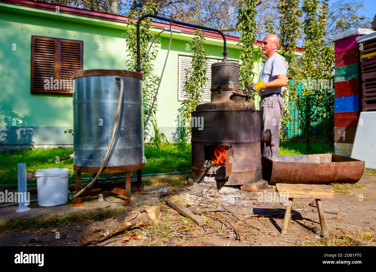 Man is manually turning lever to mix fruit marc in boiler of homemade ...