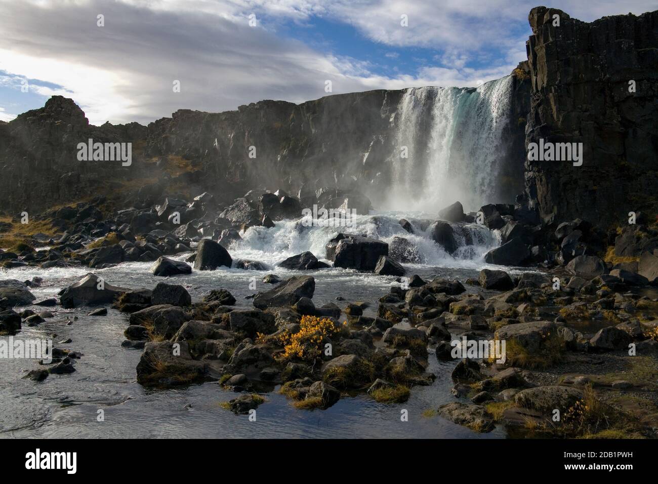 River and waterfall in a part of the rift valley at Pingvellar in ...