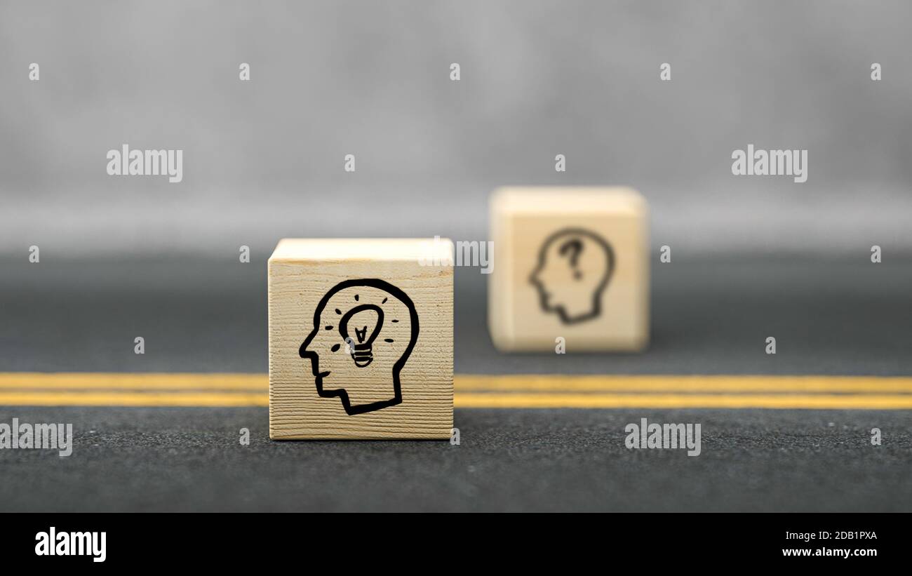 cubes with idea symbols on an asphalt road - 3d illustration Stock ...