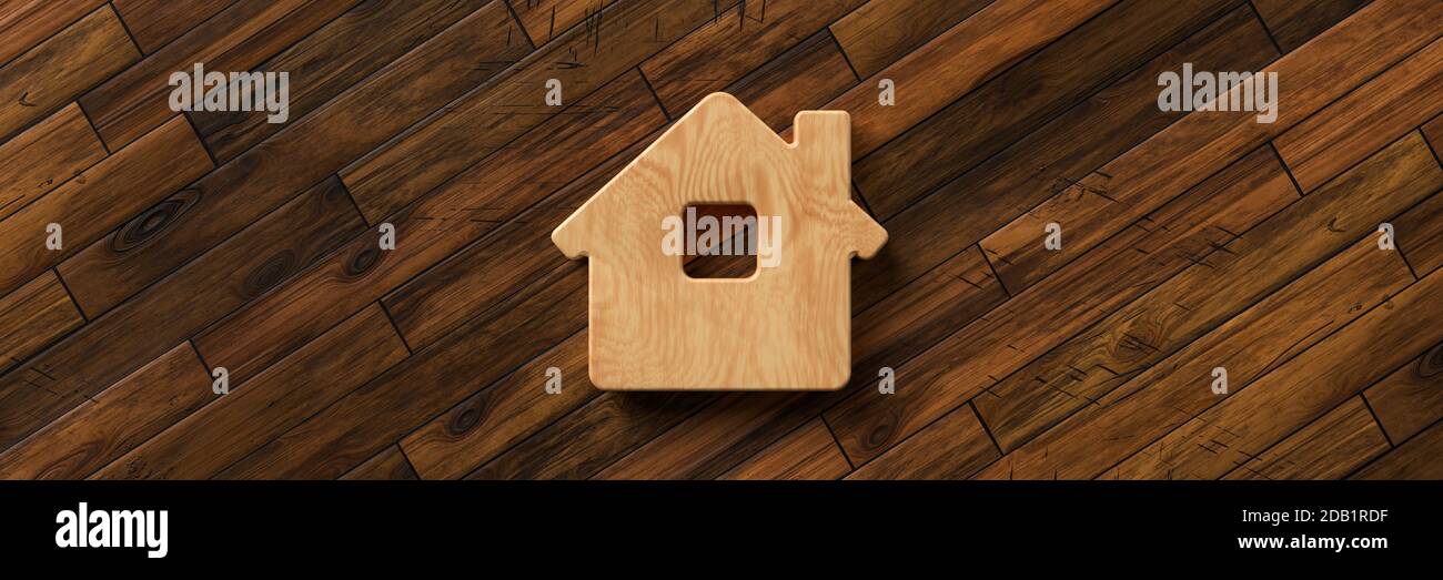 wooden house symbol on wooden parquet background - 3d illustration ...