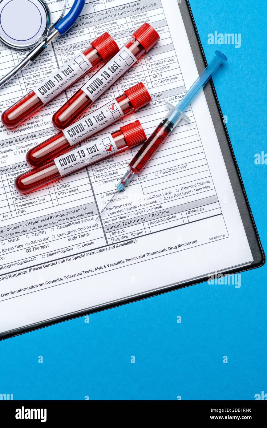 Clipboard with paper blank form with medical tools on blue background ...