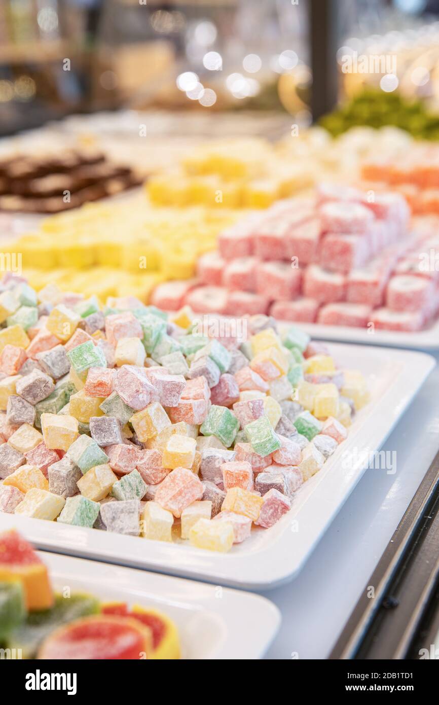 Traditional Turkish delight desserts. Various pieces of arabic sweets ...