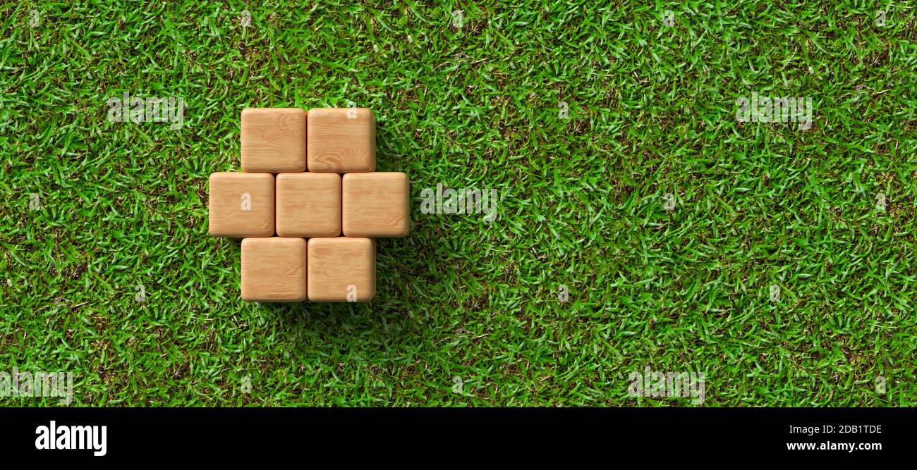 empty wooden cubes in the shape of a hexagon for own messages and icons ...
