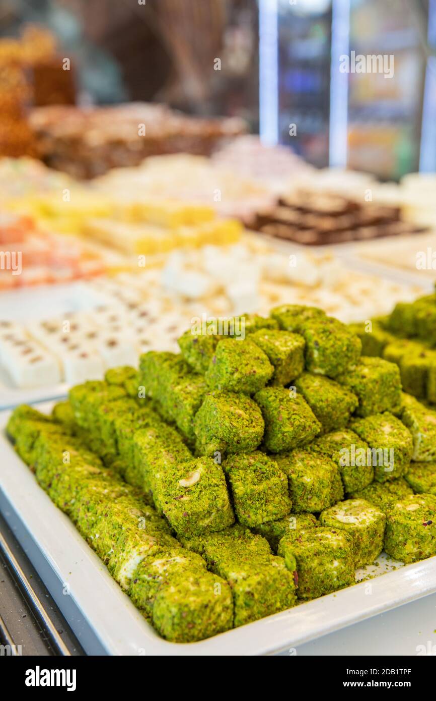 Traditional Turkish delight desserts. Various pieces of arabic sweets ...