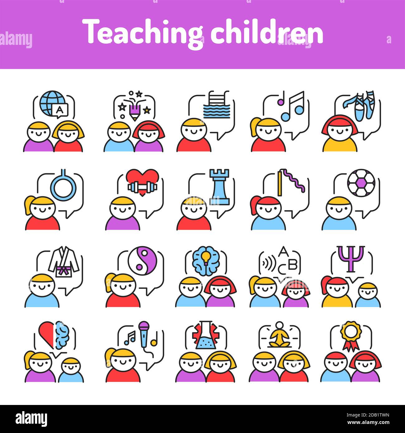 Teaching children color line icons set. Pictograms for web page, mobile ...