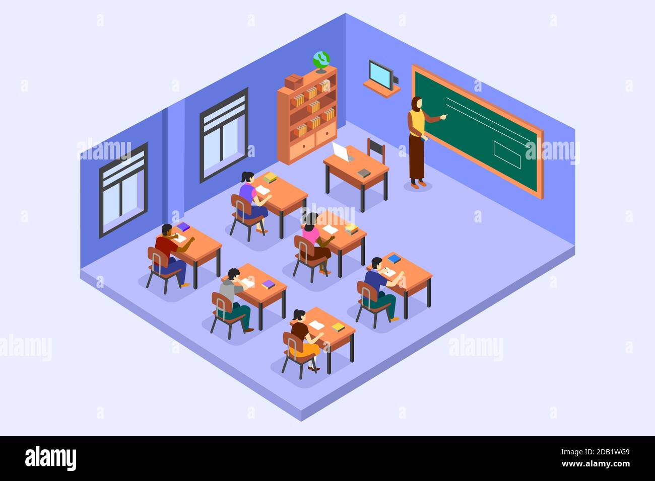Isometric classroom illustration with teacher and students Vector ...