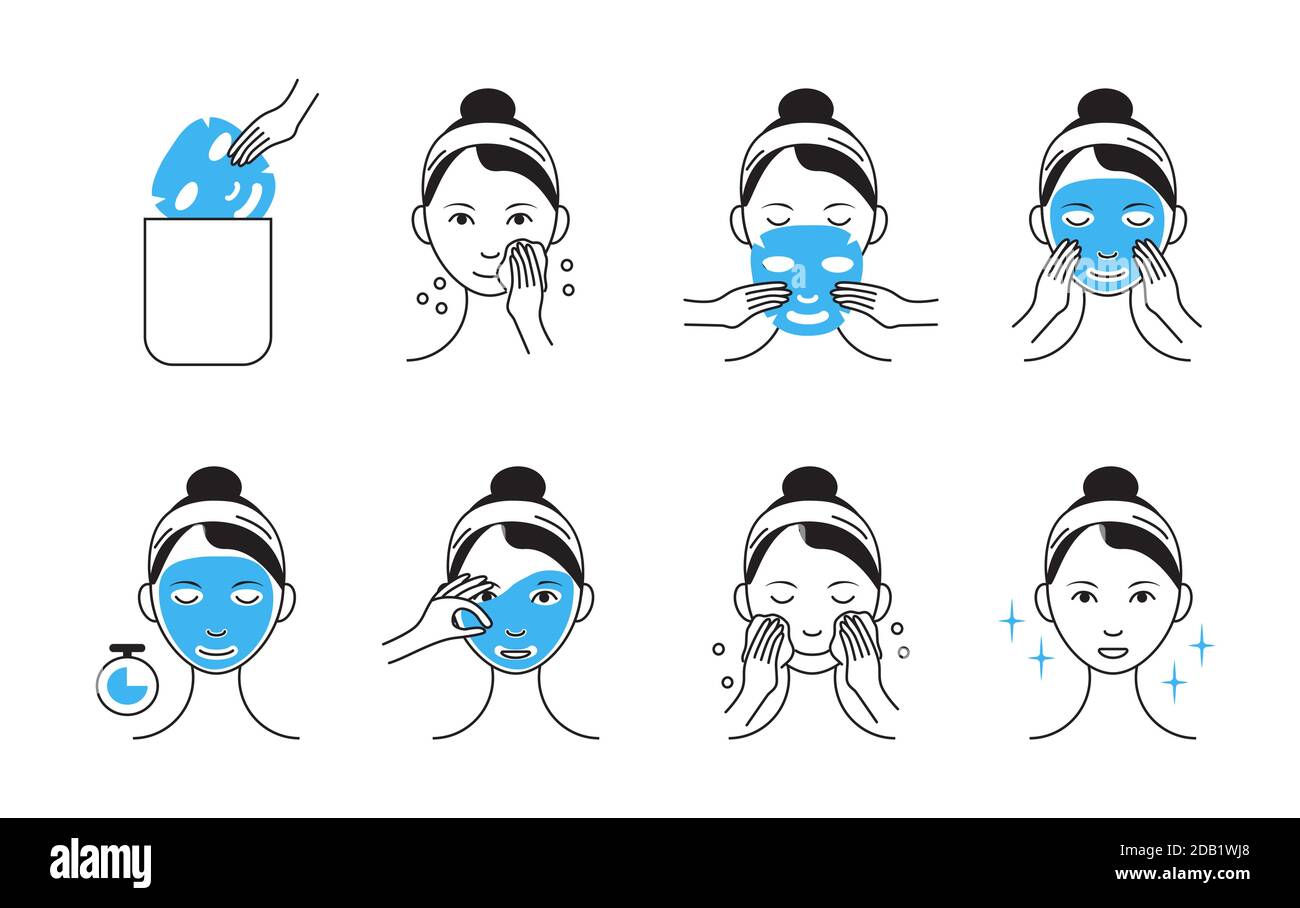 Facial mask sheet applying vector. Girl shows steps how to cleaning ...