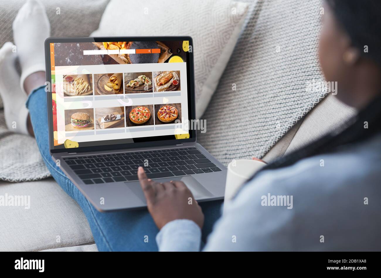 Black Woman Using Laptop Ordering Food Delivery Online Sitting Indoors ...