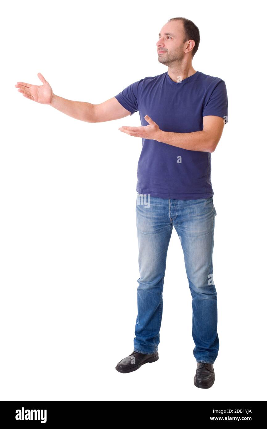 casual man with arm out in a showing gesture, isolated on white Stock ...