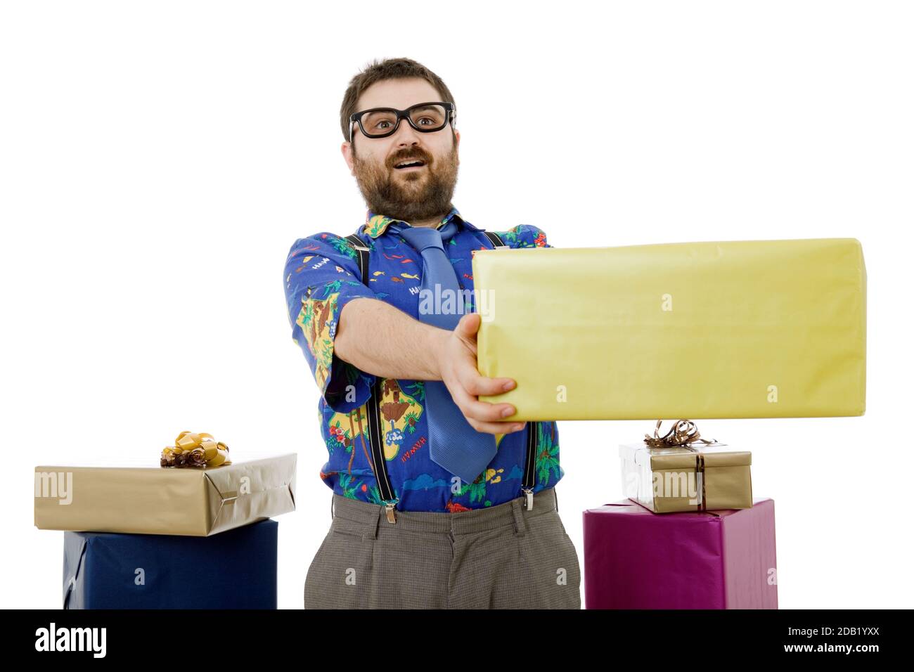 happy silly salesman with some boxes, isolated on white Stock Photo - Alamy