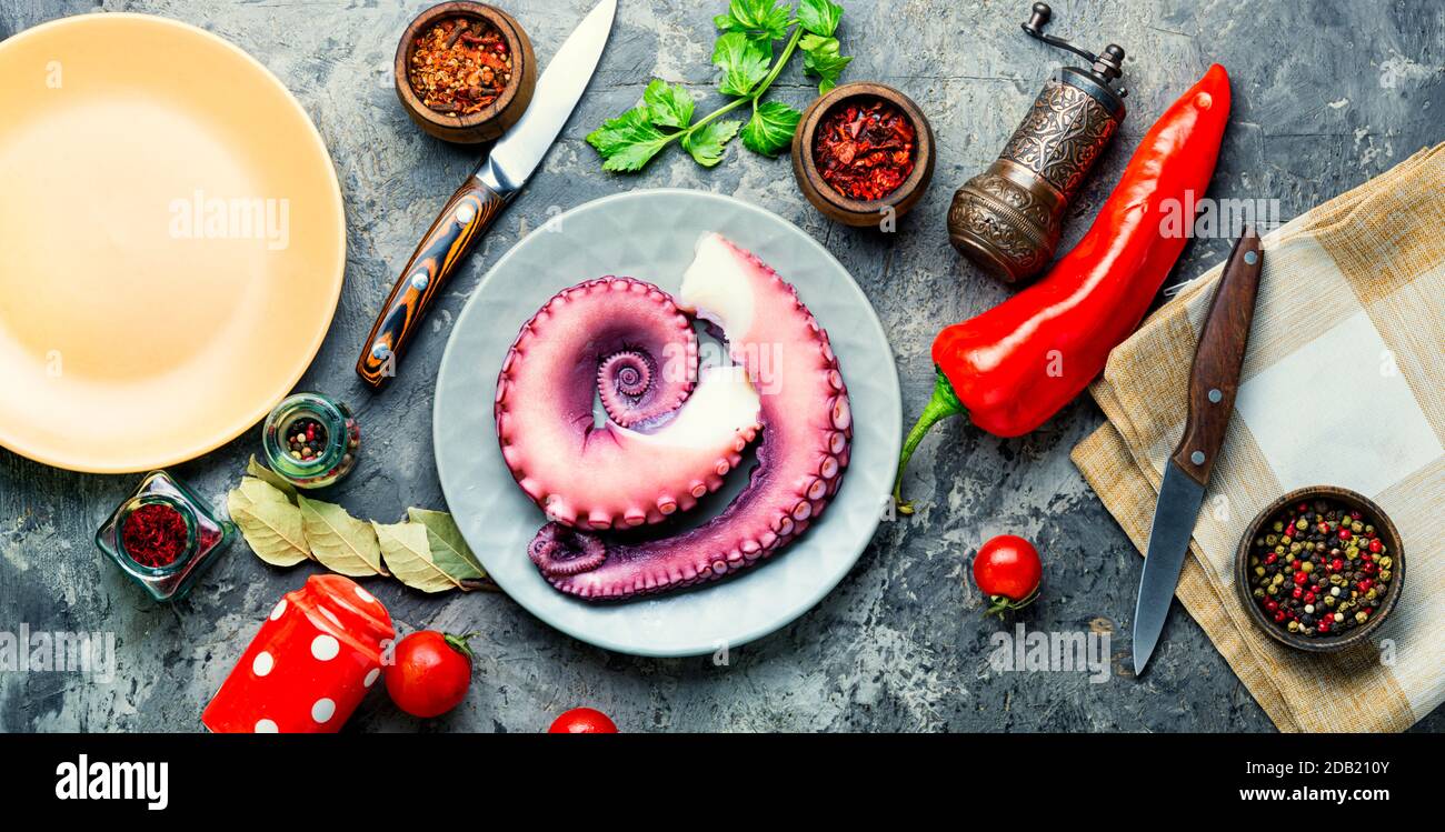 Fresh raw octopus and spice on plate.Uncooked octopus tentacles ...