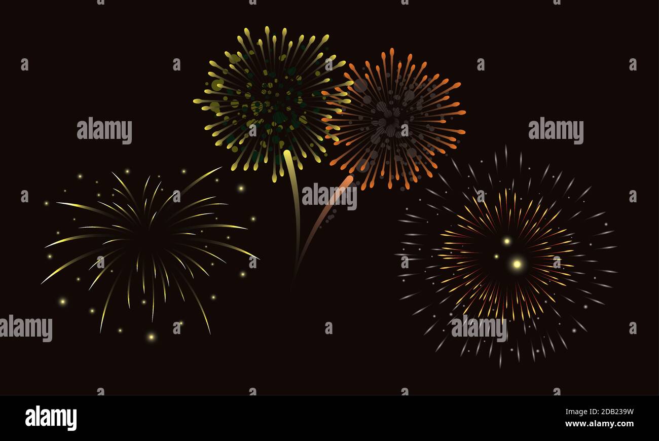 four orange and yellow fireworks splash lights in sky night vector ...