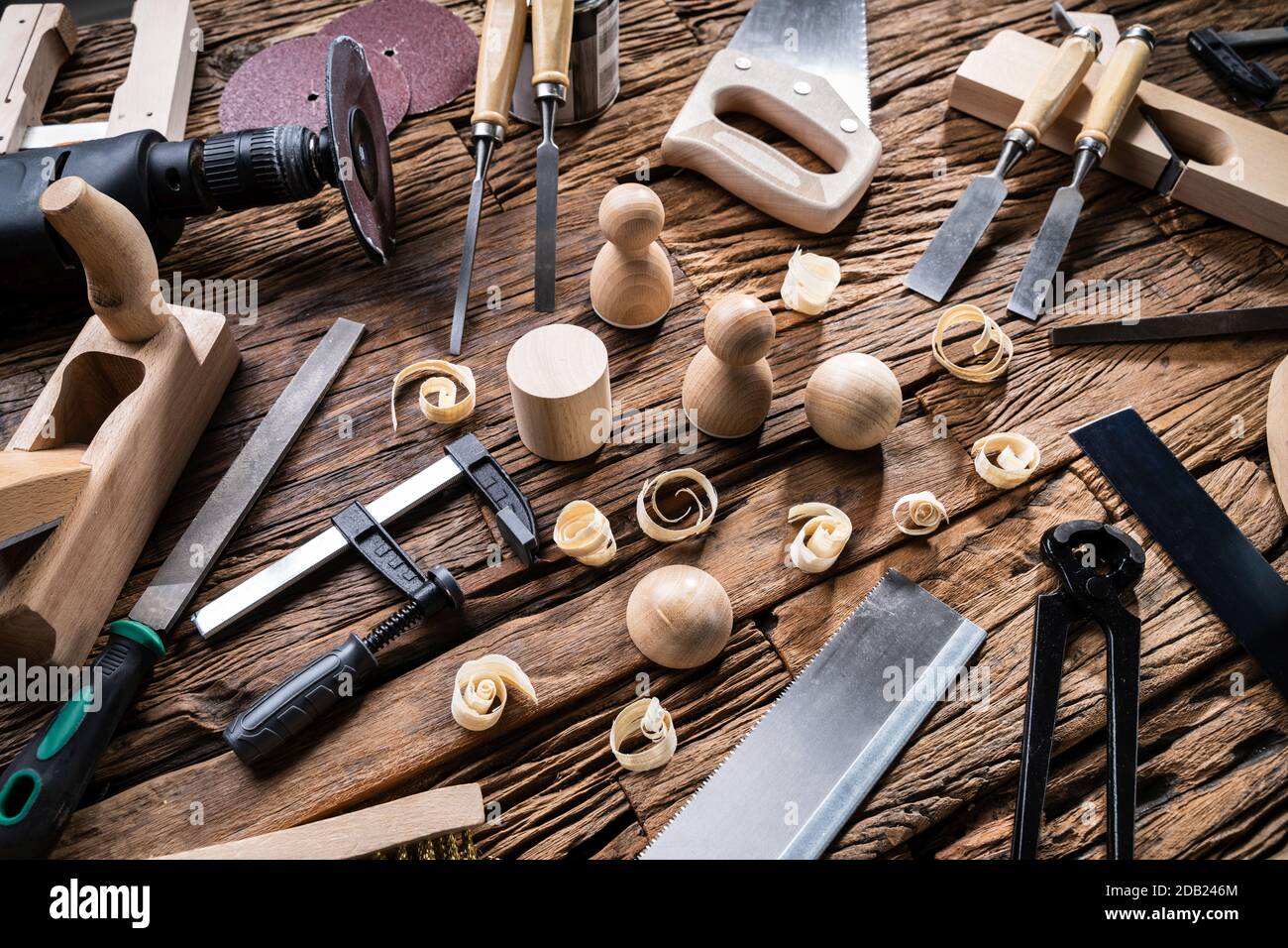 Finished Wooden Objects And Various Carpenter Tools From Toolkit Laying ...