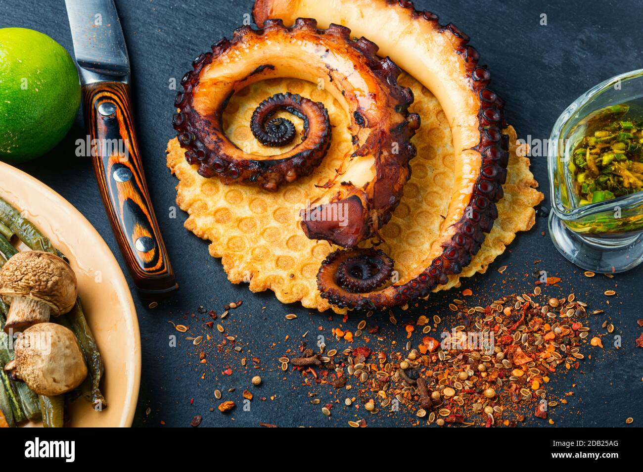 Grilled octopus with roasted vegetables.Octopus tentacles on grill ...