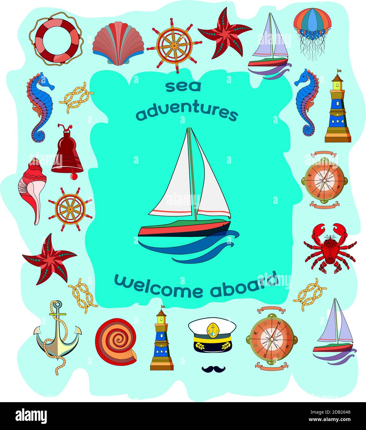 Postcard sea travel. Set of nautical attributes. A frame of beautiful ...