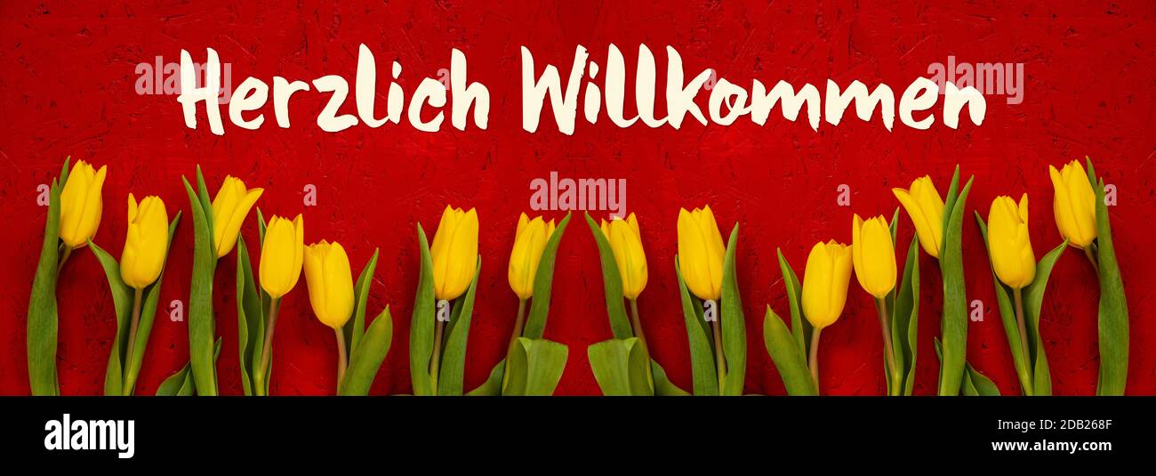 Red Wooden Background With German Text Herzlich Willkommen Means ...