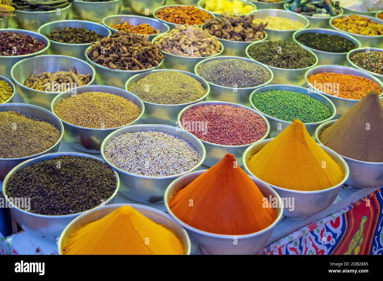A closeup of different colorful spices in a bazaar in Nubian village ...